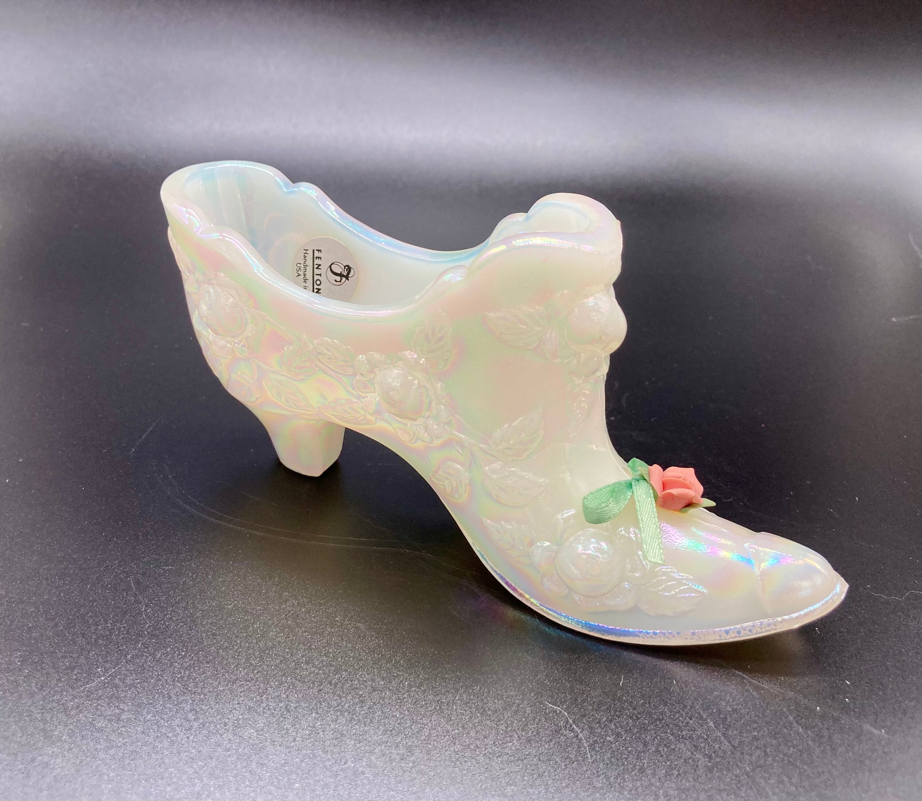 Fenton White Iridescent Cabbage Rose Glass Slipper Shoe With Applied ...