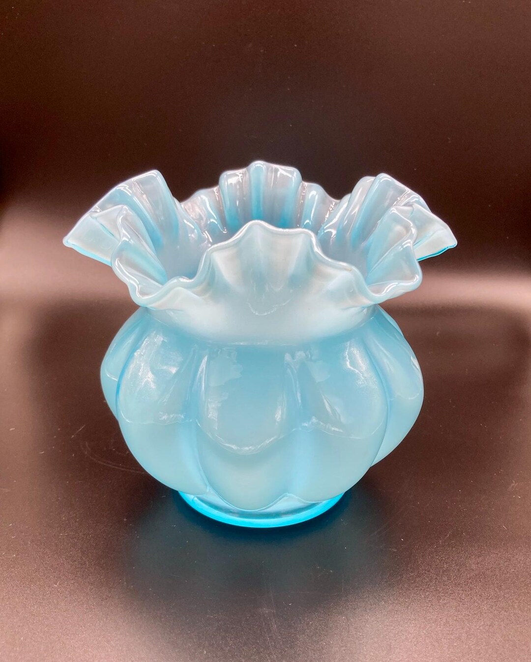 Fenton Blue Overlay Opaline Melon Vase With Ruffled Edge - Etsy