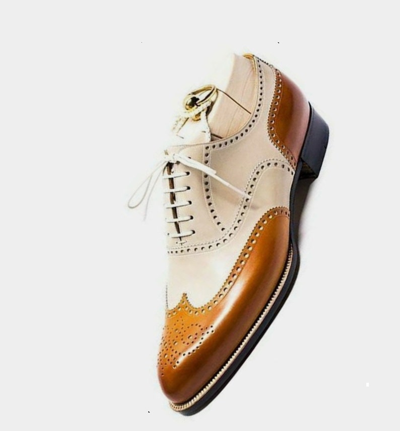 Handmade Tan & Cream Color Genuine Calf Leather Wing Tip Brogues "good ...