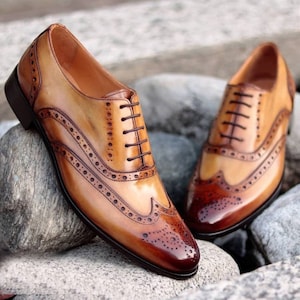 Handmade Brown Two Tone Wing Tip Men’s Brogue Leather Lace up Shoes - Etsy
