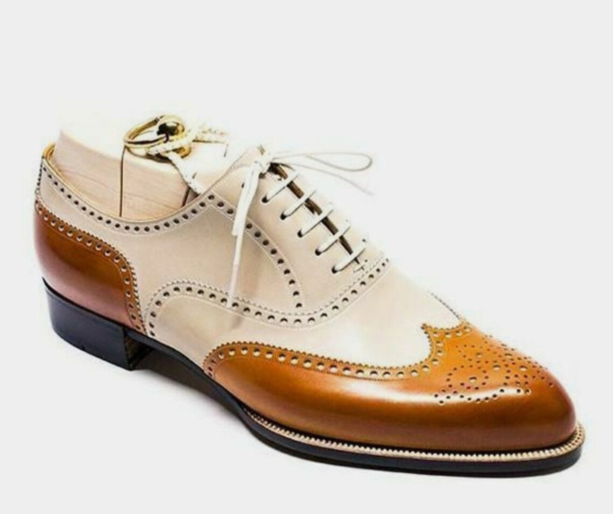Handmade Tan & Cream Color Genuine Calf Leather Wing Tip Brogues good ...