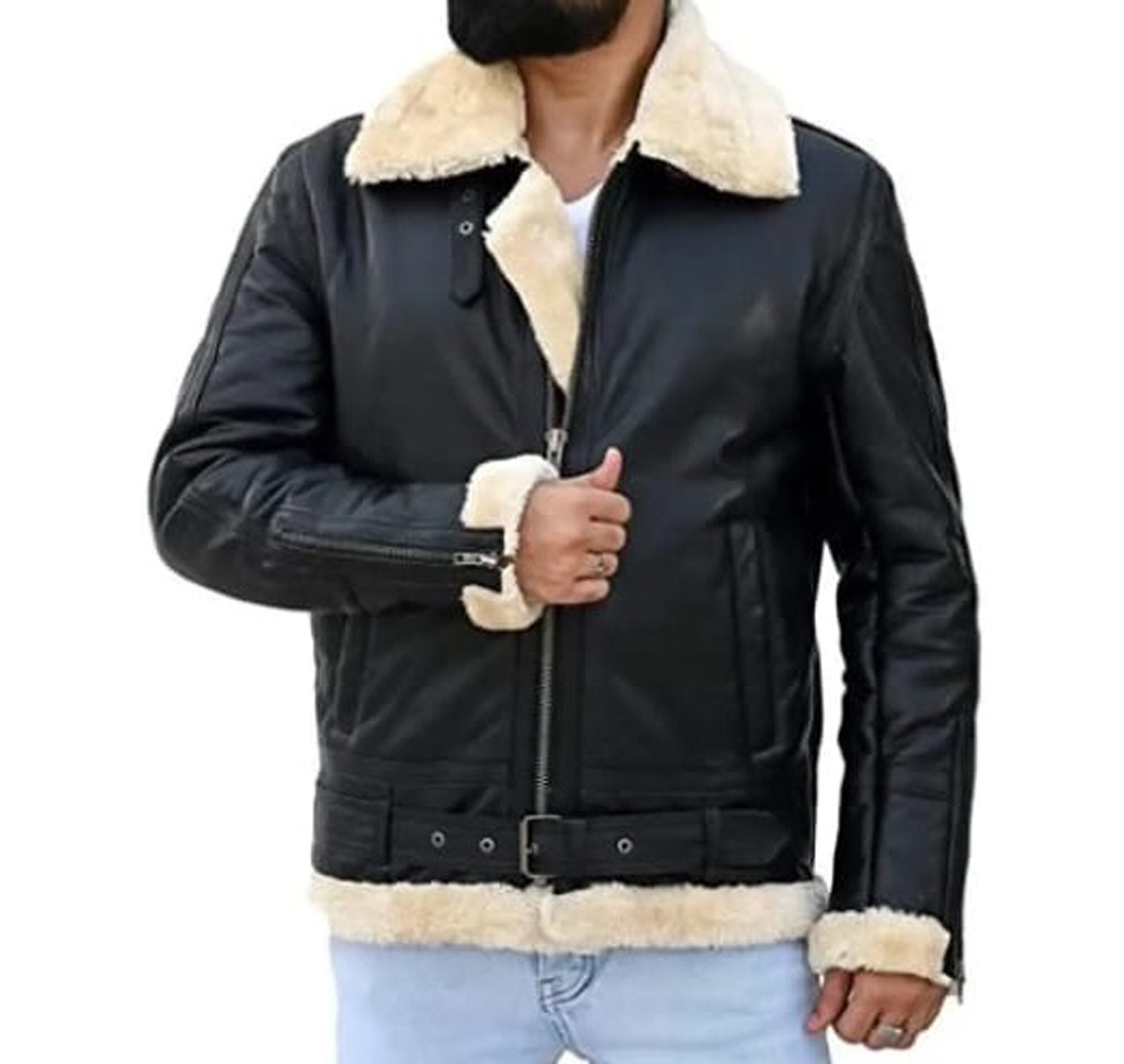 Men's Aviator RAF B3 Shearling Genuine Leather Bomber Flying Jacket ...