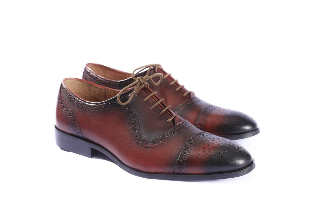 Handmade Burgundy Leather Cap Toe Brogues, Goodyear Welted Oxfords - Etsy