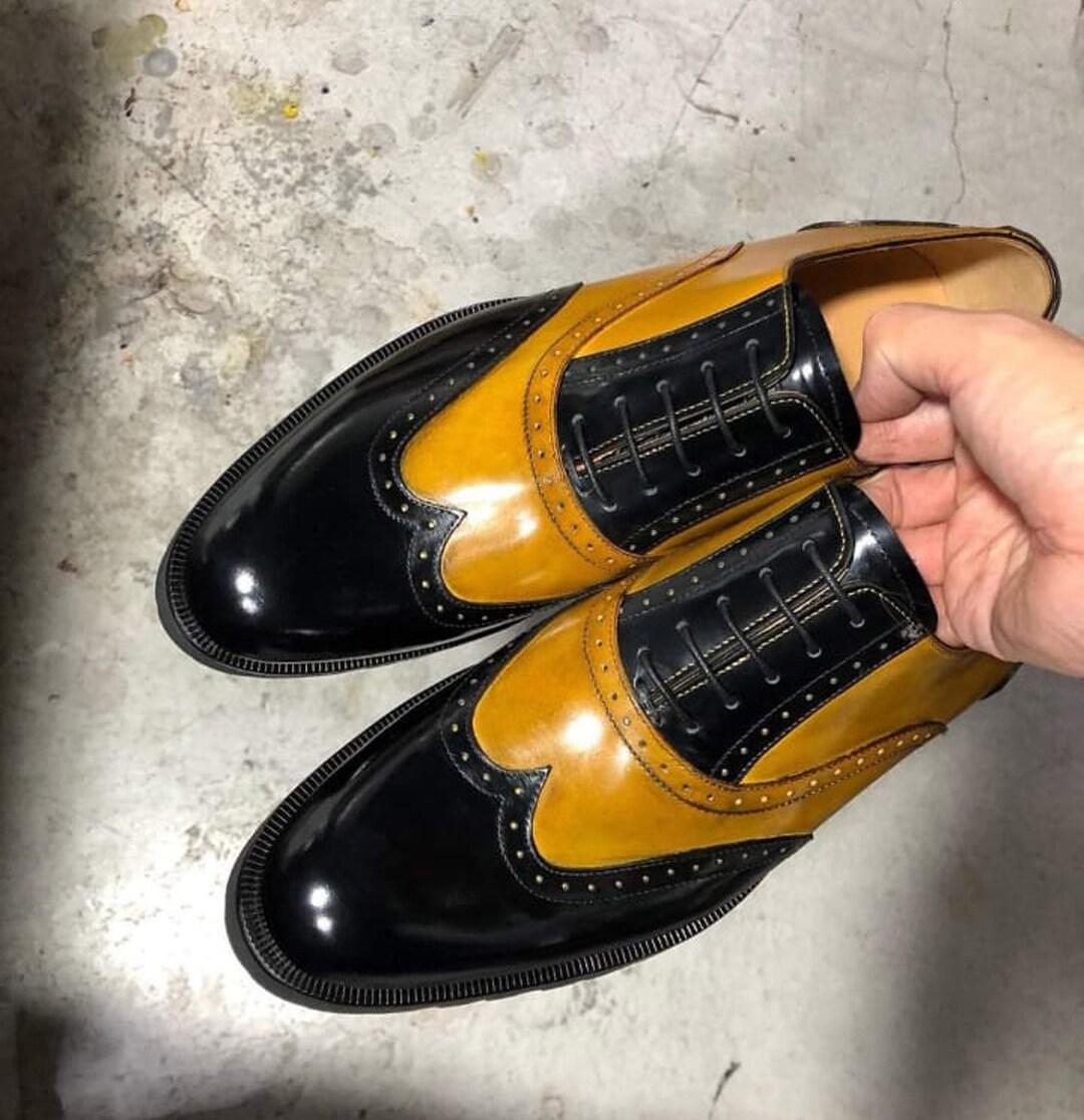 Handmade Black & Tan Color Genuine Leather Wing Tip Lace up Oxfords ...