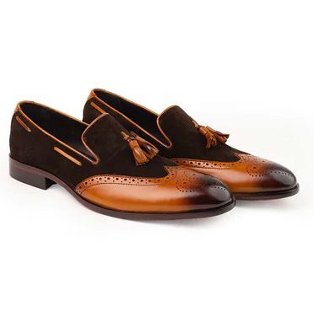 Handmade Leather Brogue Loafers: Brown & Tan Tussled Slip-ons - Etsy