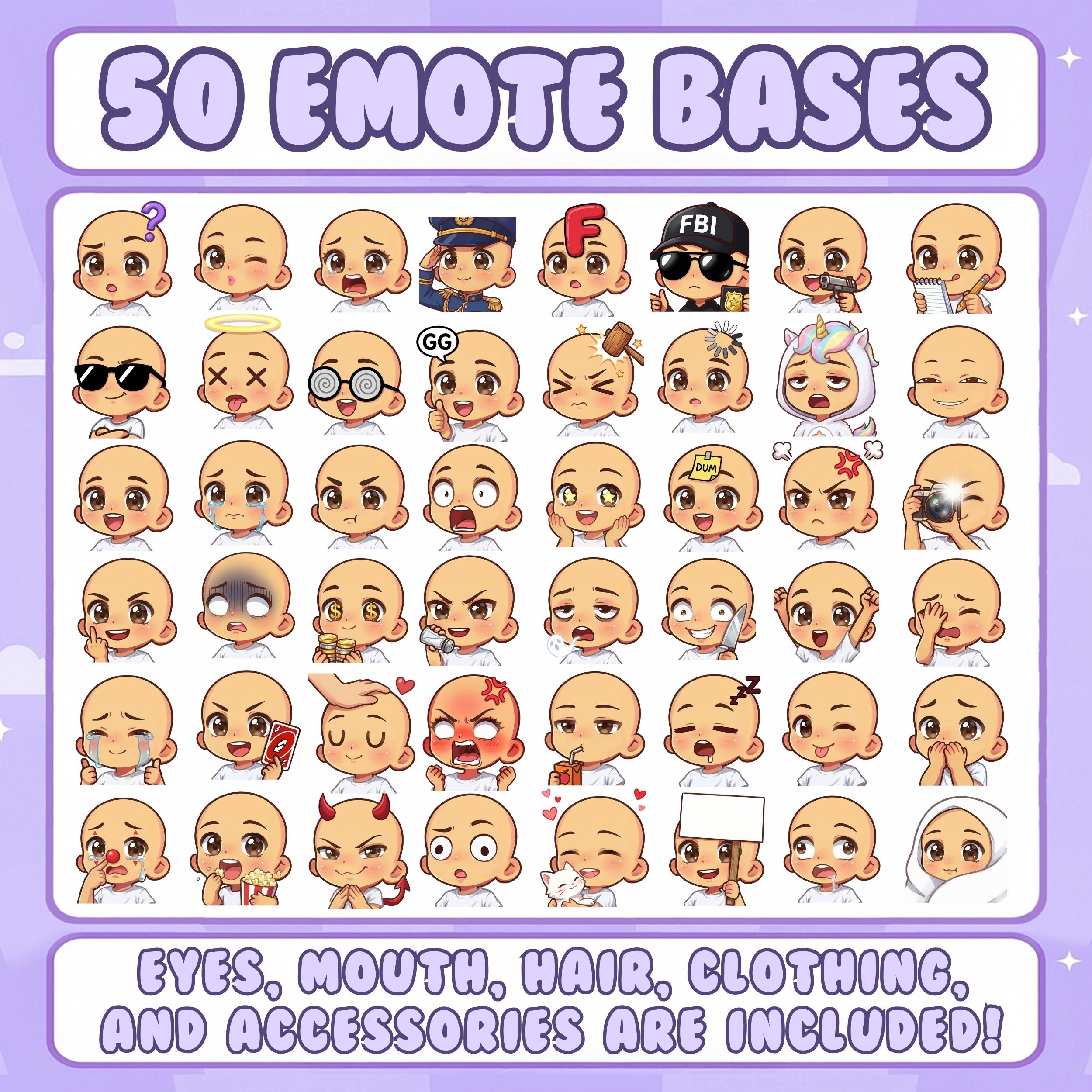 DIY Emote Maker Pack: Custom Twitch Emotes Templates | 50 Bases + Hair ...
