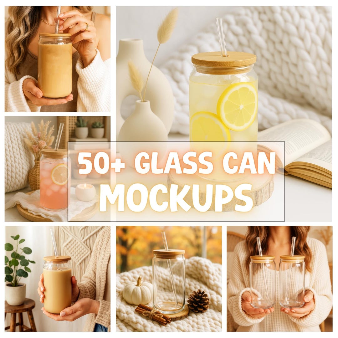 Glass Can Mockup Bundle 50+, 16oz Sipper Glass Can, Clear Glass Mockup ...