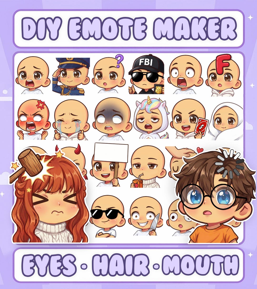 DIY Emote Maker Pack: Custom Twitch Emotes Templates | 50 Bases + Hair ...