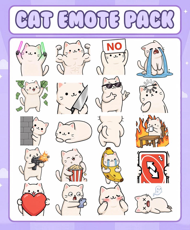 Animated Cat Emote Pack: 20x White Cat Emotes for Twitch & Discord ...