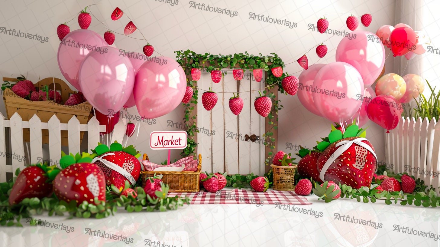 Strawberry Backdrop, Strawberry Cake Smash Backdrop, Digital Background ...