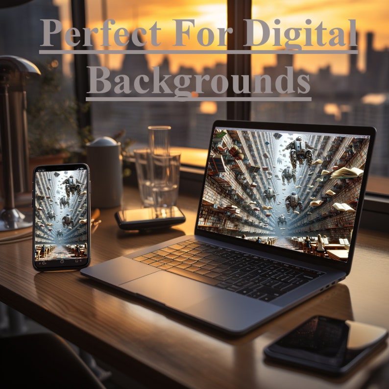 Boundless Knowledge Digital Library Art Floating Books and Robots PNG ...