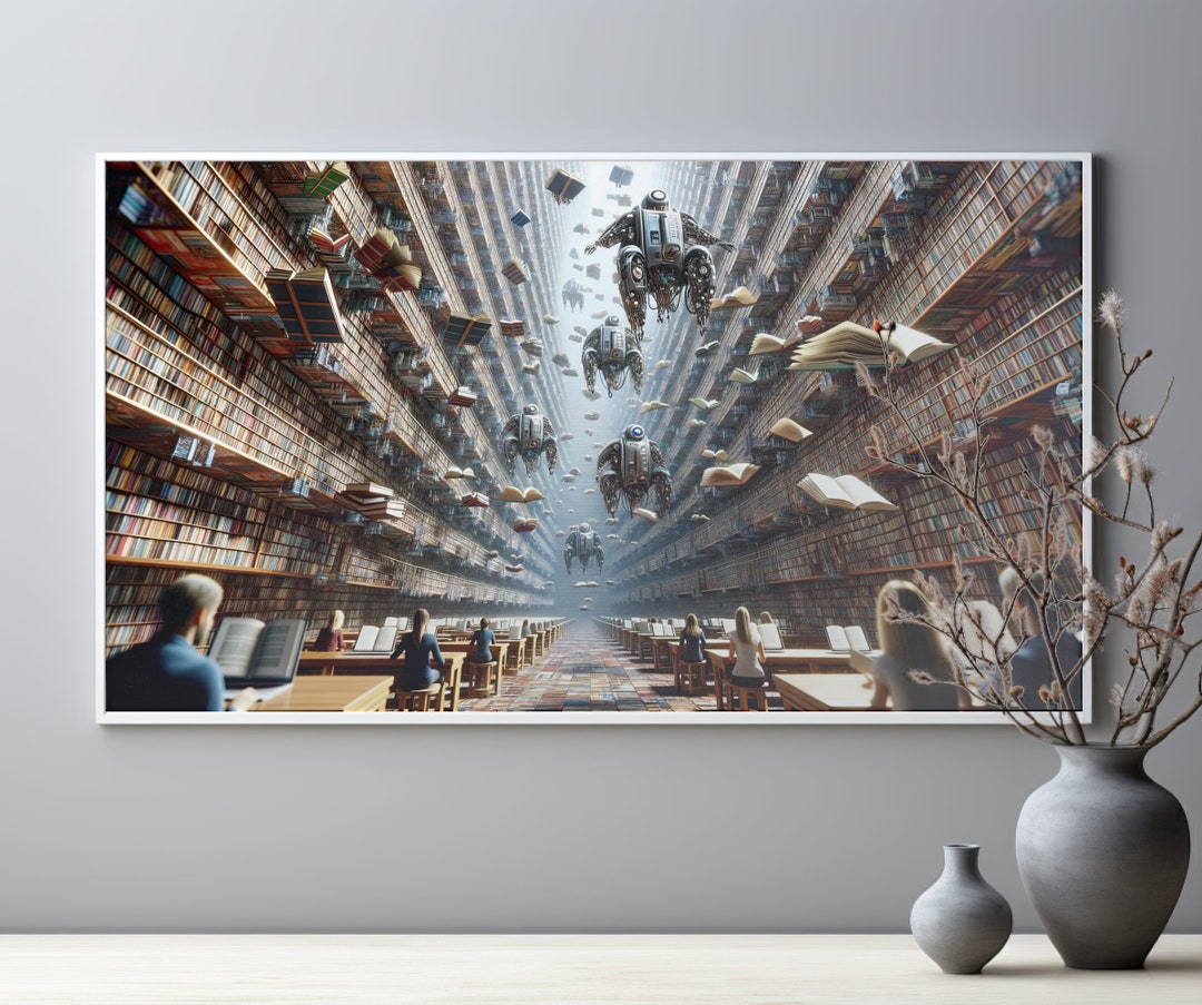 Boundless Knowledge Digital Library Art Floating Books and Robots PNG ...