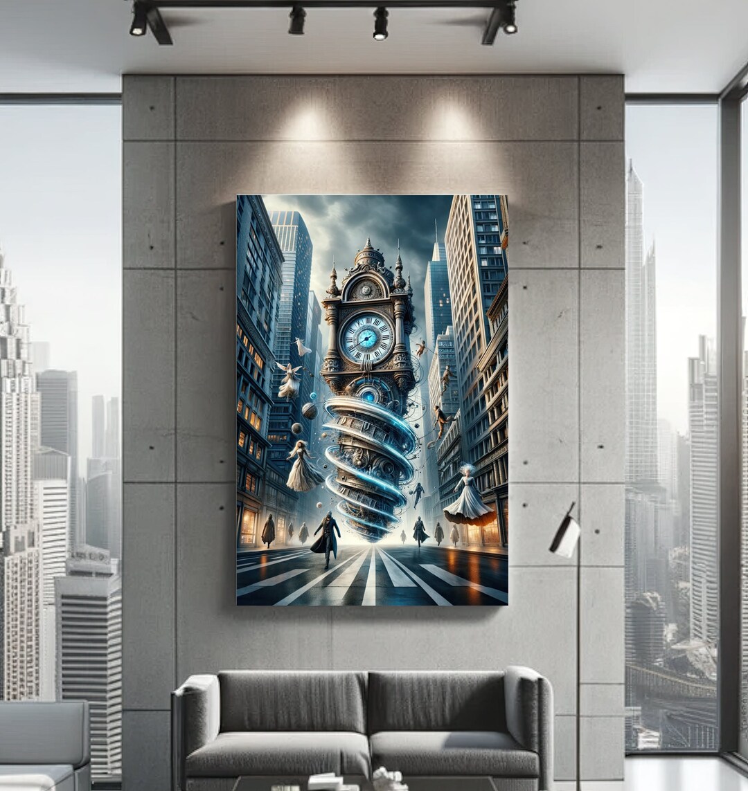 Spiraling Clock Tower Amidst Levitating Figures in a Modern City ...