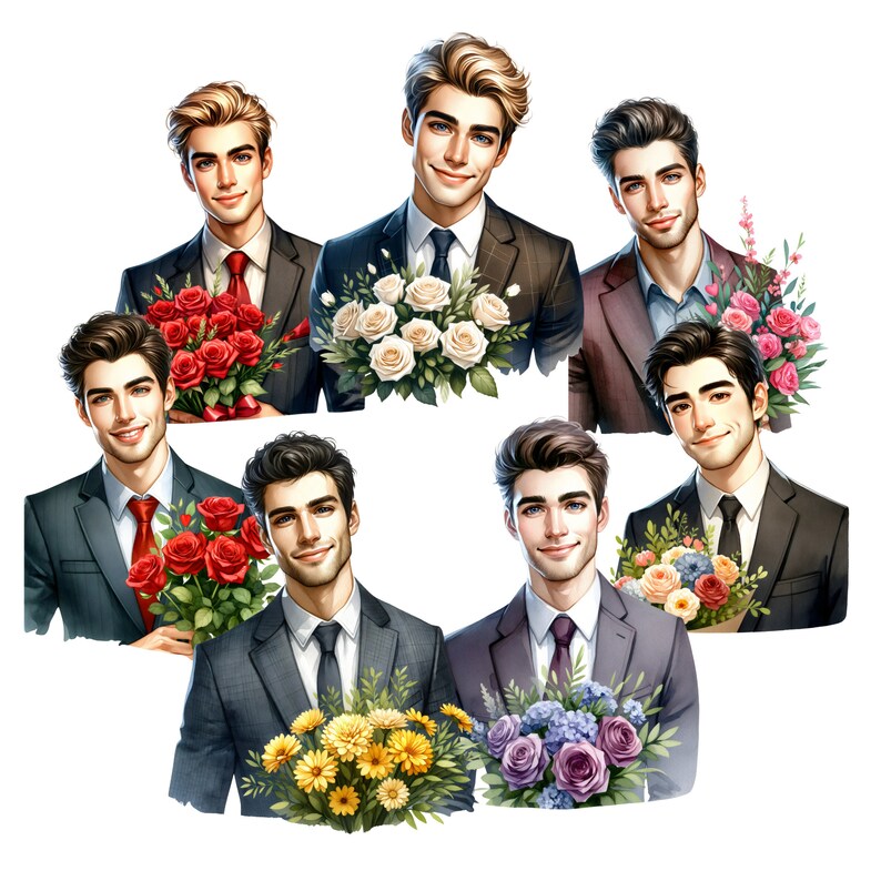 Handsome Men With Flower Watercolor Clipart Bundle, Transparent PNG ...