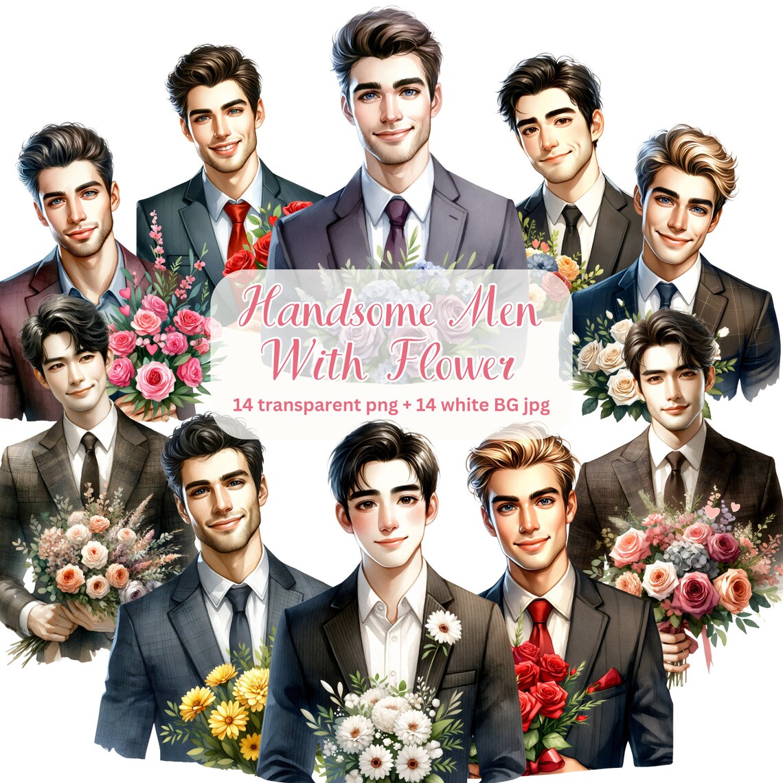 Handsome Men With Flower Watercolor Clipart Bundle, Transparent PNG ...