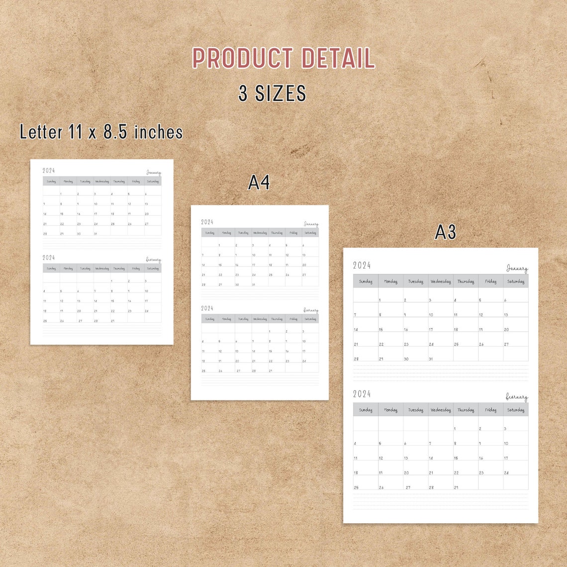 Printable Minimal Calendar Vertical 2024 Monthly Planner 2024 A3 A4 ...