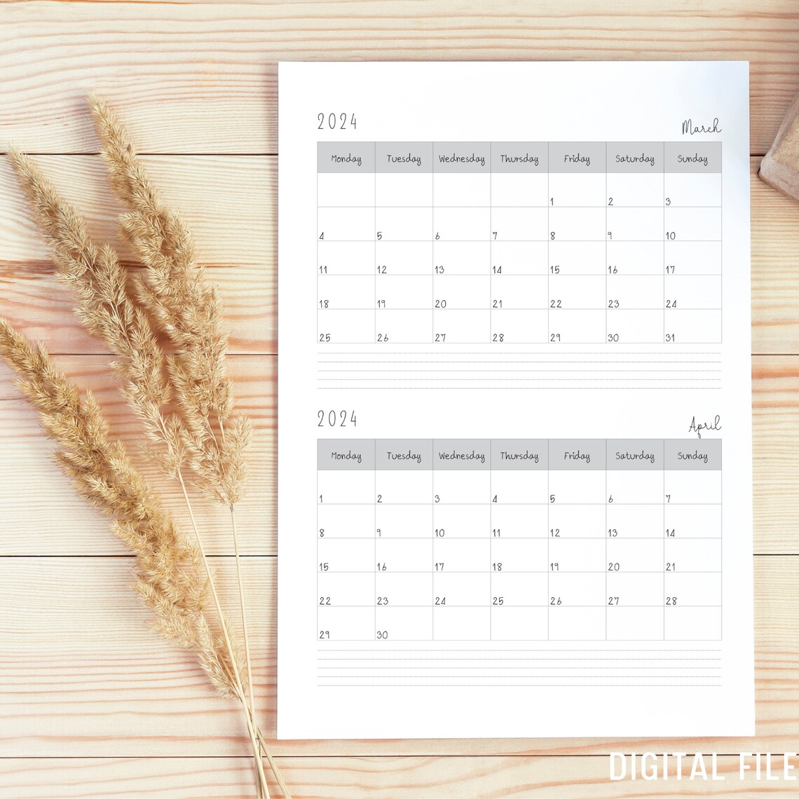 Printable Minimal Calendar Vertical 2024 Monthly Planner 2024 A3 A4 ...