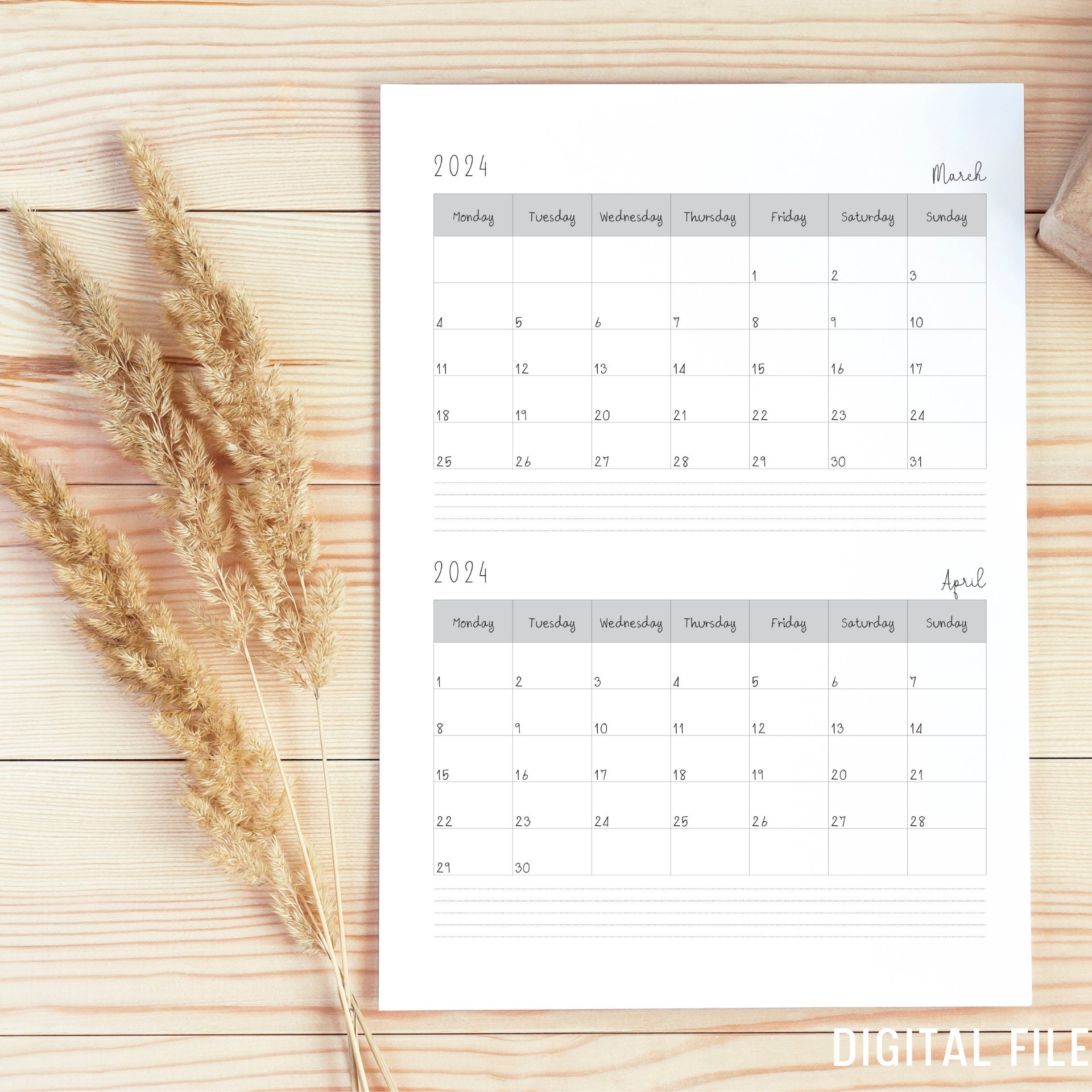 Printable Minimal Calendar Vertical 2024 Monthly Planner 2024 A3 A4 ...