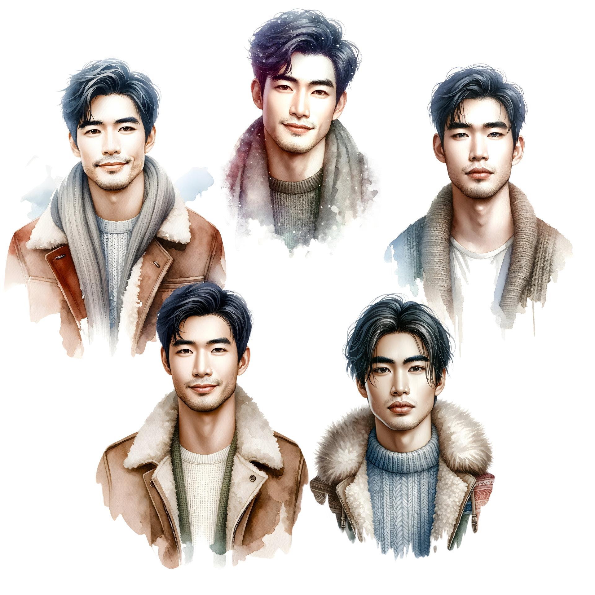 Asian Men Cozy Winter Watercolor Clipart Bundle, Transparent PNG, Man ...