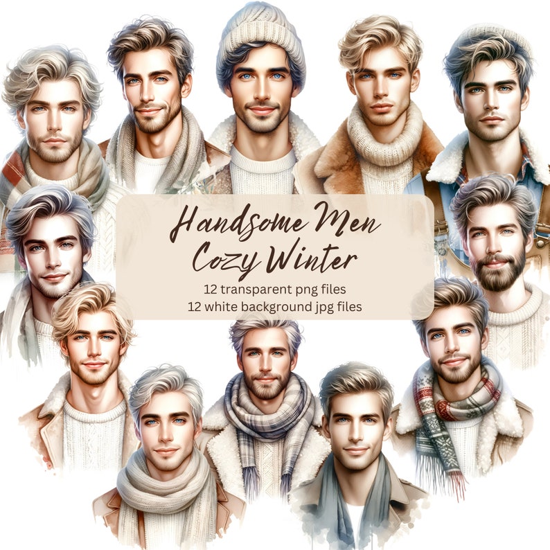 Handsome Men Cozy Winter Watercolor Clipart Bundle, Transparent PNG ...