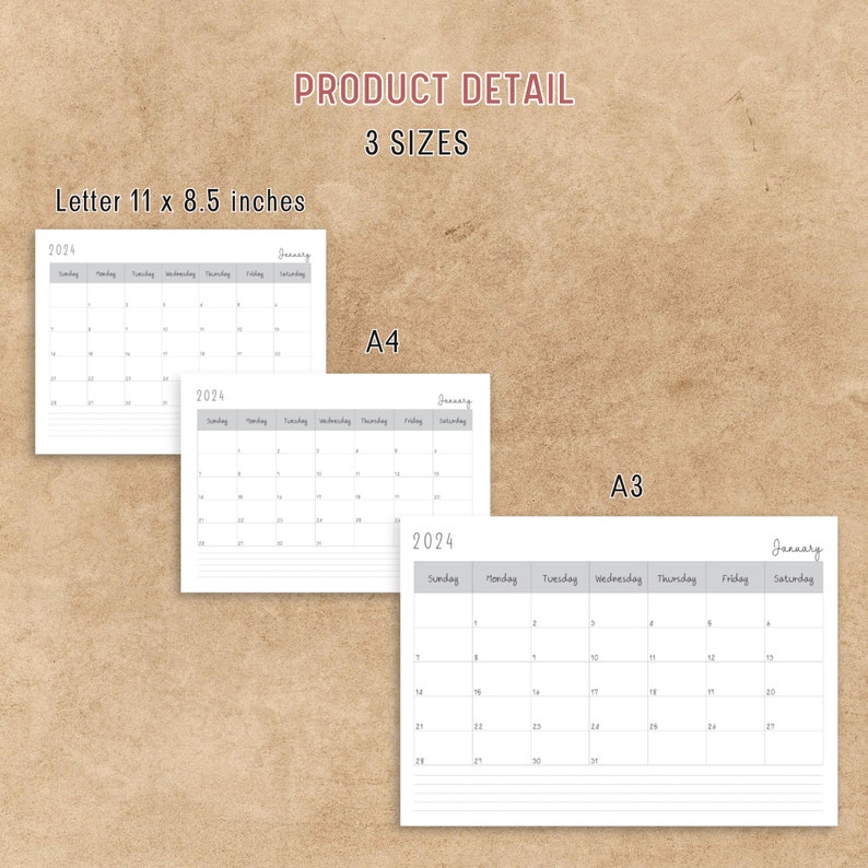 Printable Minimal Calendar 2024 | Monthly Planner 2024 | A3 A4 Letter ...