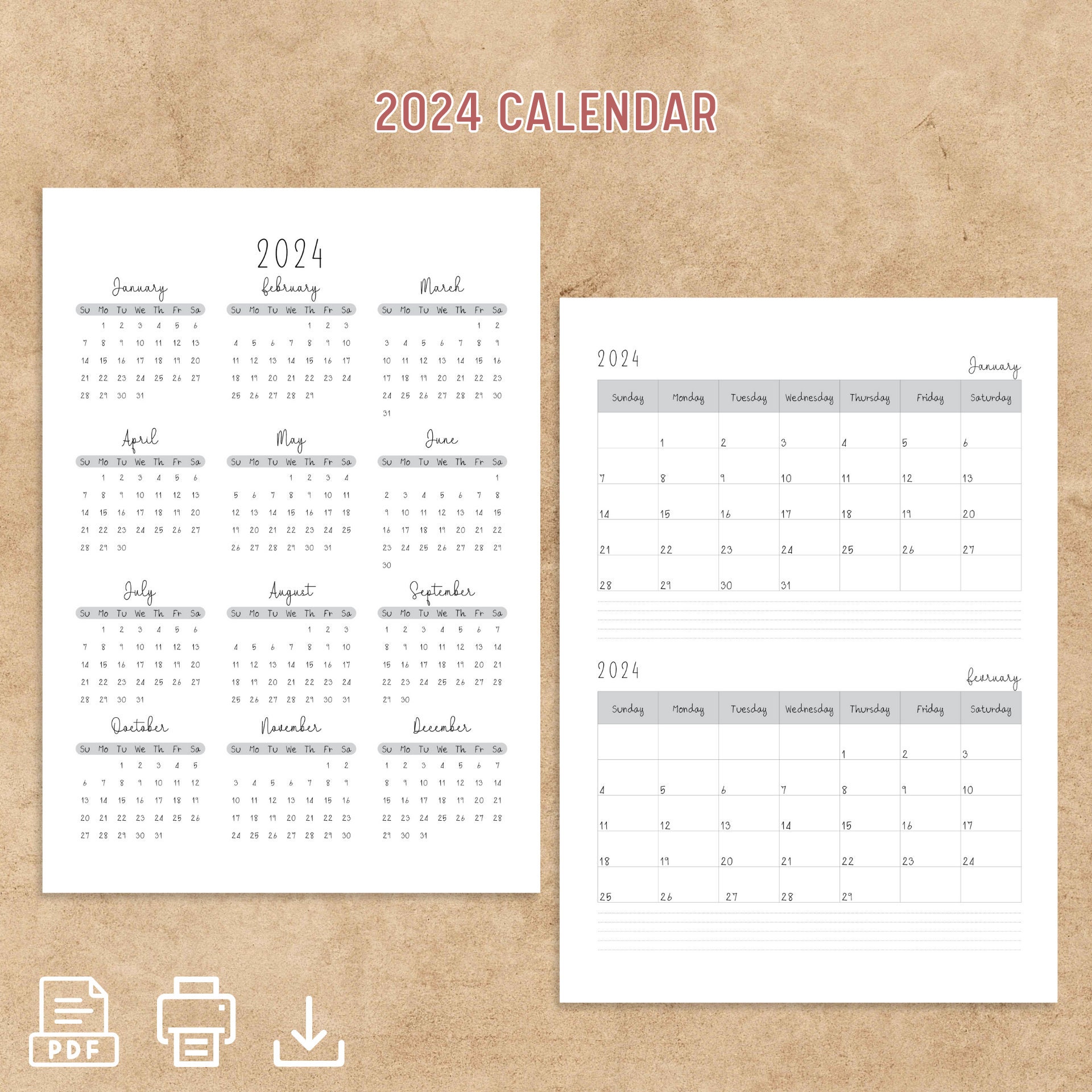 Printable Minimal Calendar Vertical 2024 Monthly Planner 2024 A3 A4 ...