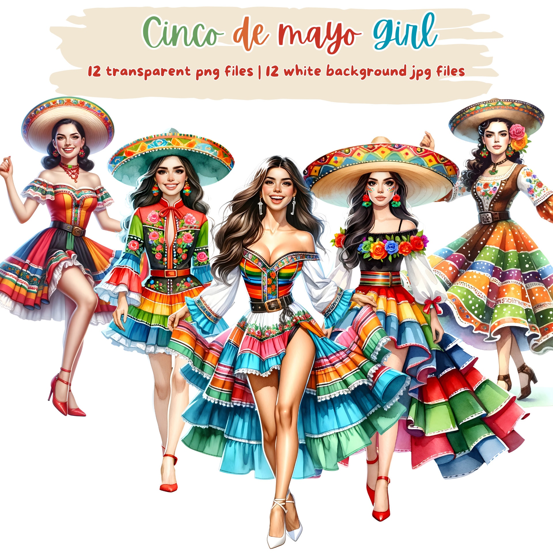Cinco De Mayo Girl Watercolor Clipart Bundle, Transparent PNG, Mexican ...