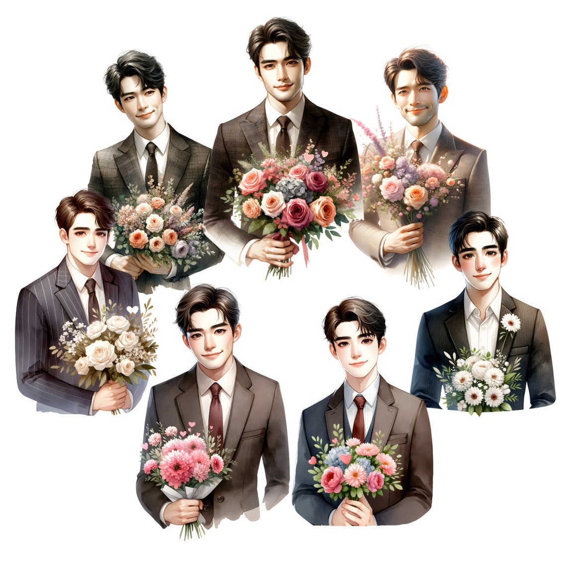 Handsome Men With Flower Watercolor Clipart Bundle, Transparent PNG ...