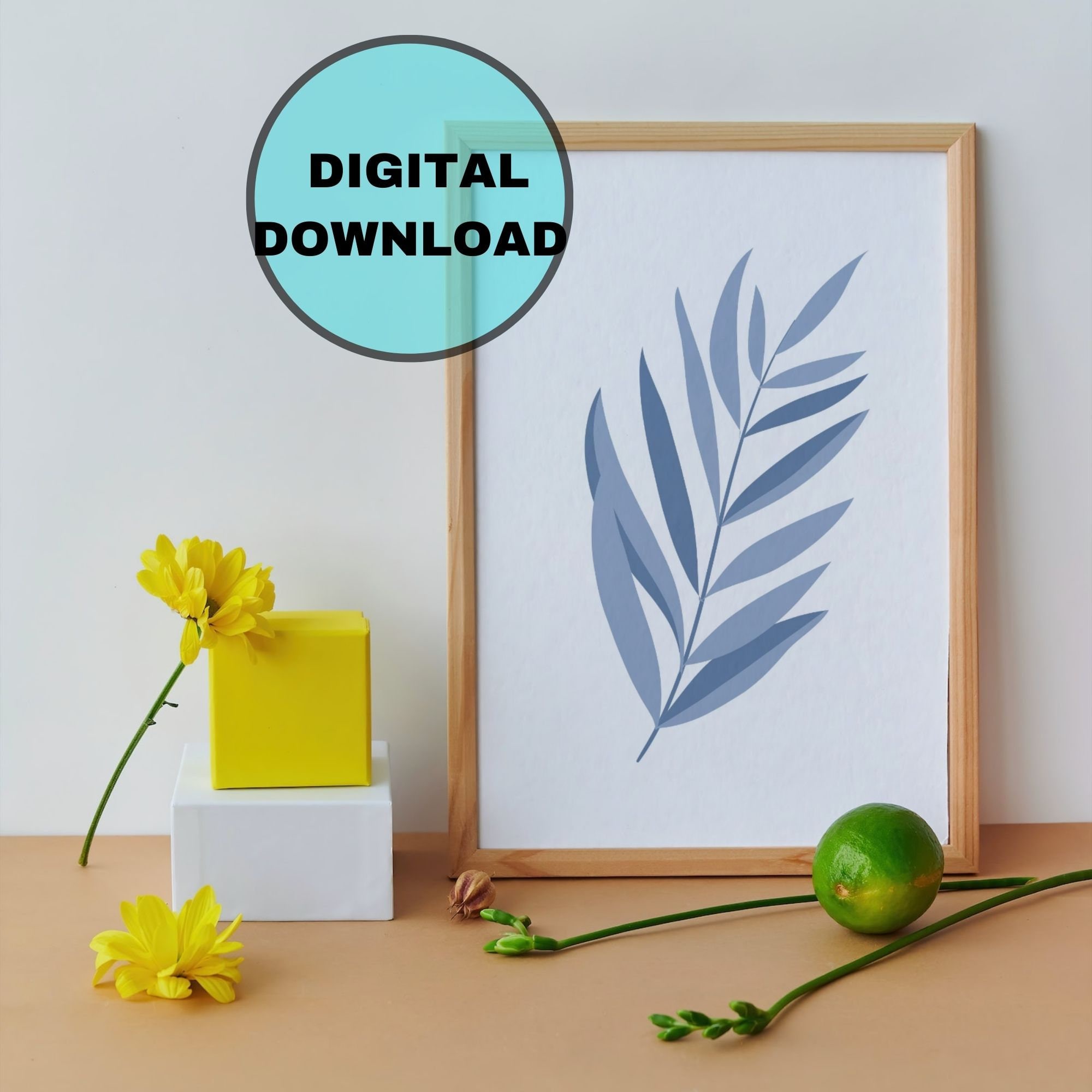 Minimal Leaves on a Branch Wall Art , Blue Tropical Leaves , Palm Leaf ...