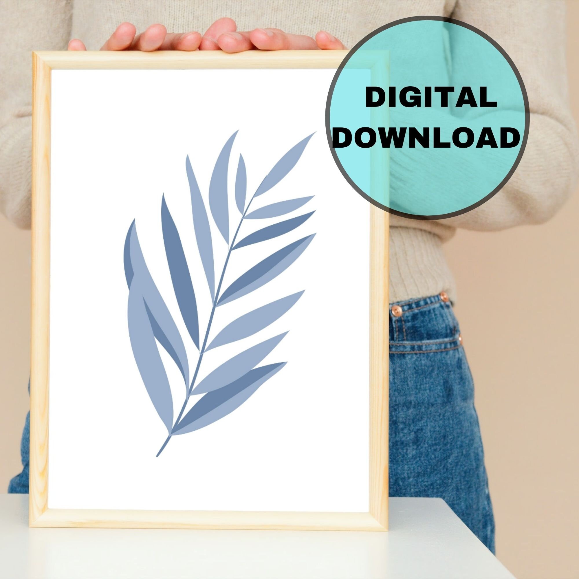 Minimal Leaves on a Branch Wall Art , Blue Tropical Leaves , Palm Leaf ...