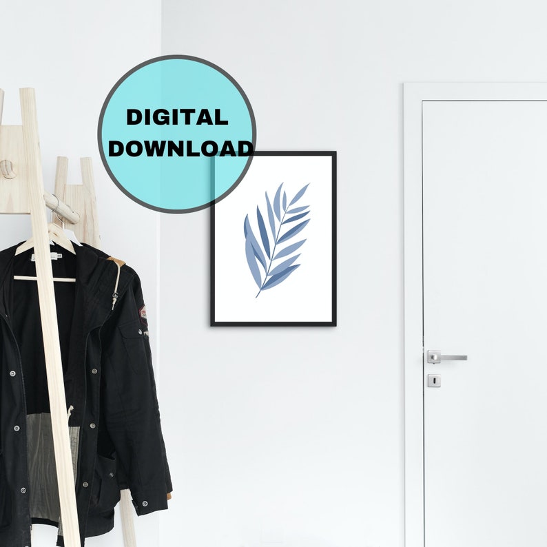 Minimal Leaves on a Branch Wall Art , Blue Tropical Leaves , Palm Leaf ...