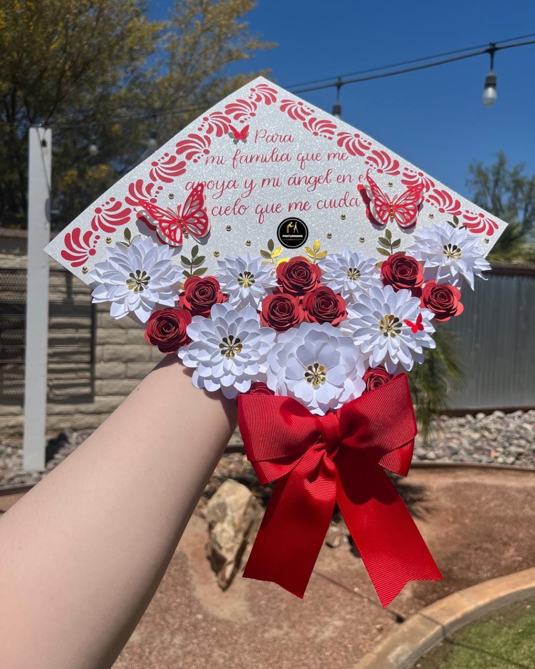 Talavera Style Red & White Grad Cap Topper | Graduation Cap Topper ...