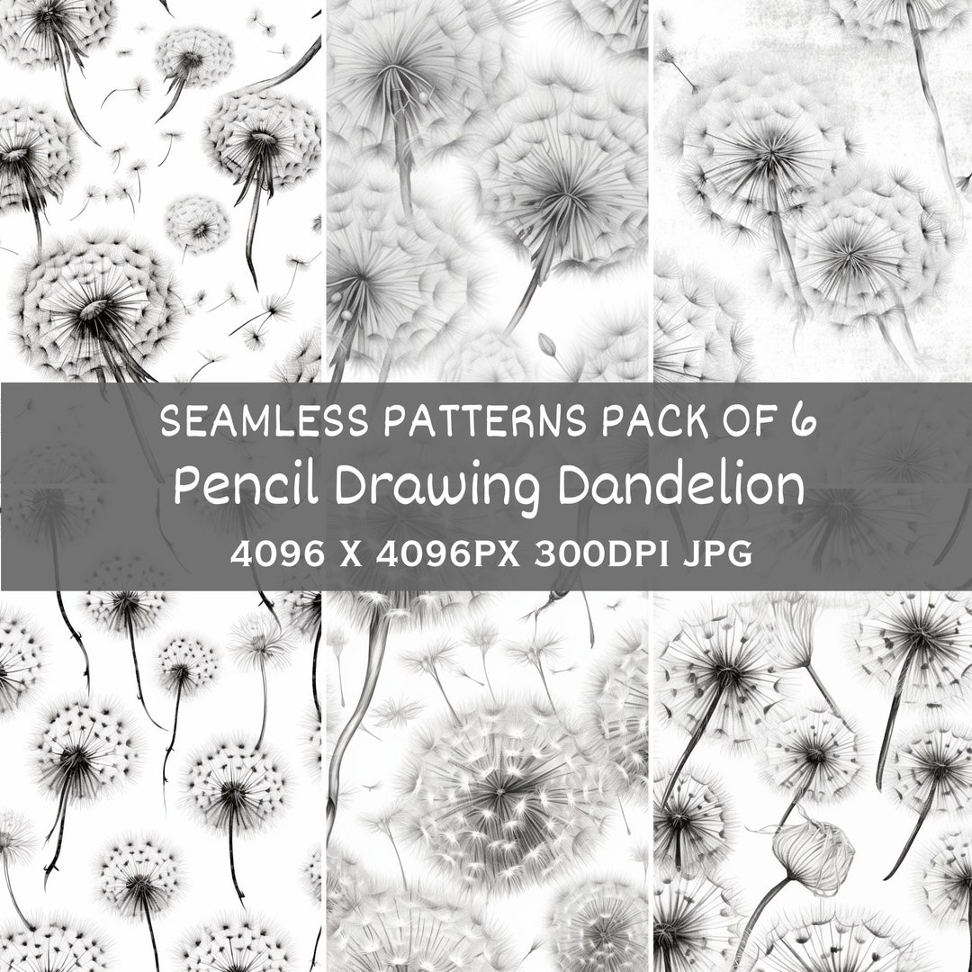 Printable Pencil Drawing Dandelion Digital Paper Pack Seamless Patterns ...