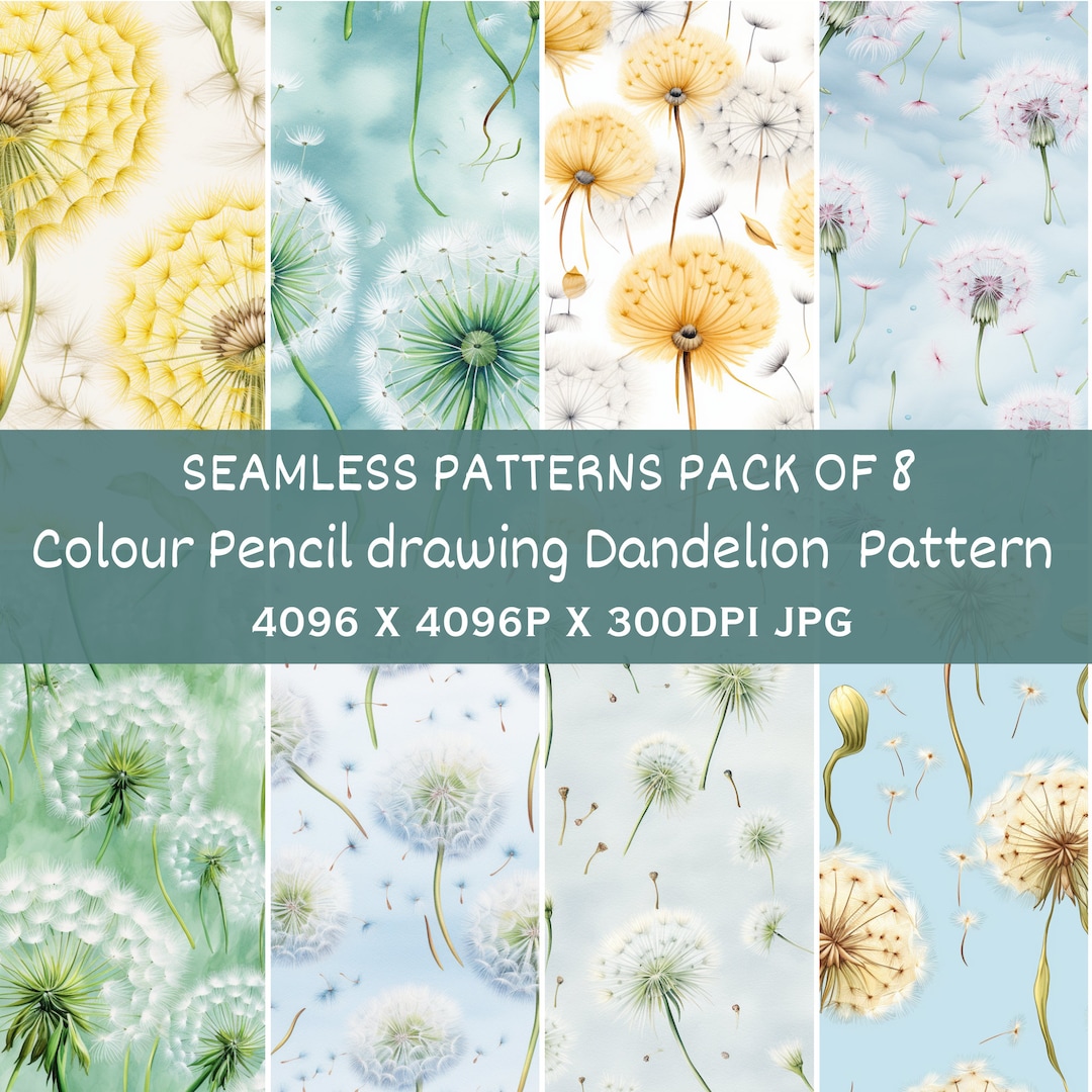 Printable Colour Pencil Dandelion Digital Paper Pack Seamless Patterns ...