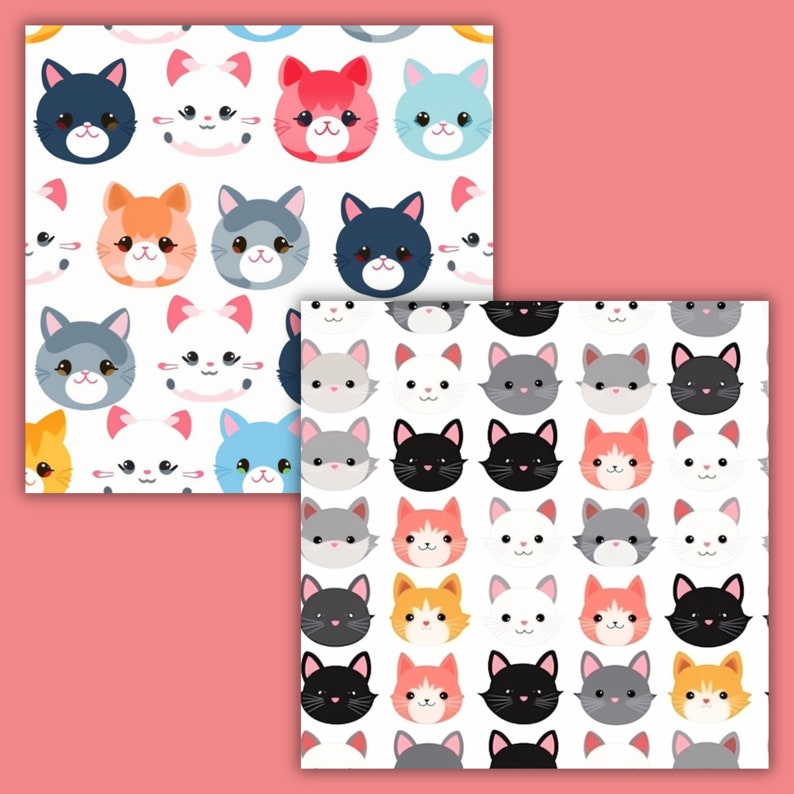 Cute Cat Digital Paper, Kawaii Cat Digital Patterns, Seamless Patterns ...