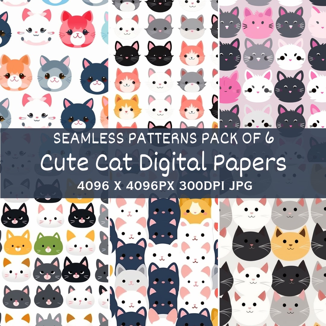 Cute Cat Digital Paper, Kawaii Cat Digital Patterns, Seamless Patterns ...