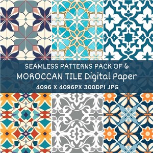 Printable Moroccan Digital Paper Pack, Mixed Colours Seamless Patterns ...