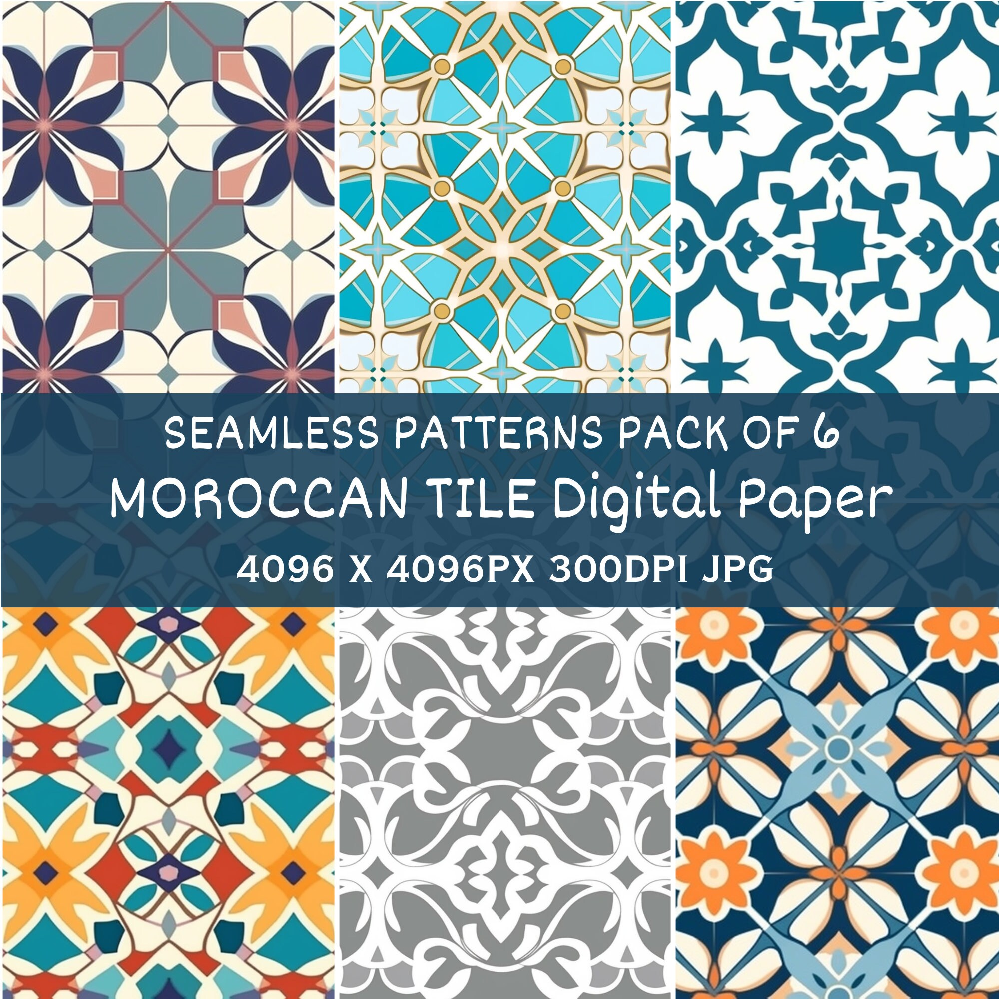 Printable Moroccan Digital Paper Pack, Mixed Colours Seamless Patterns ...