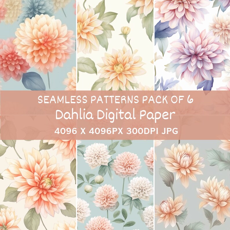 Printable Dahlia Digital Paper Pack Seamless Patterns set of 6 - Etsy