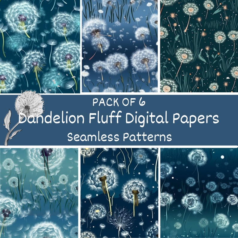 Dandelion Night Sky Watercolour Digital Paper, Dandelion Seeds Digital ...