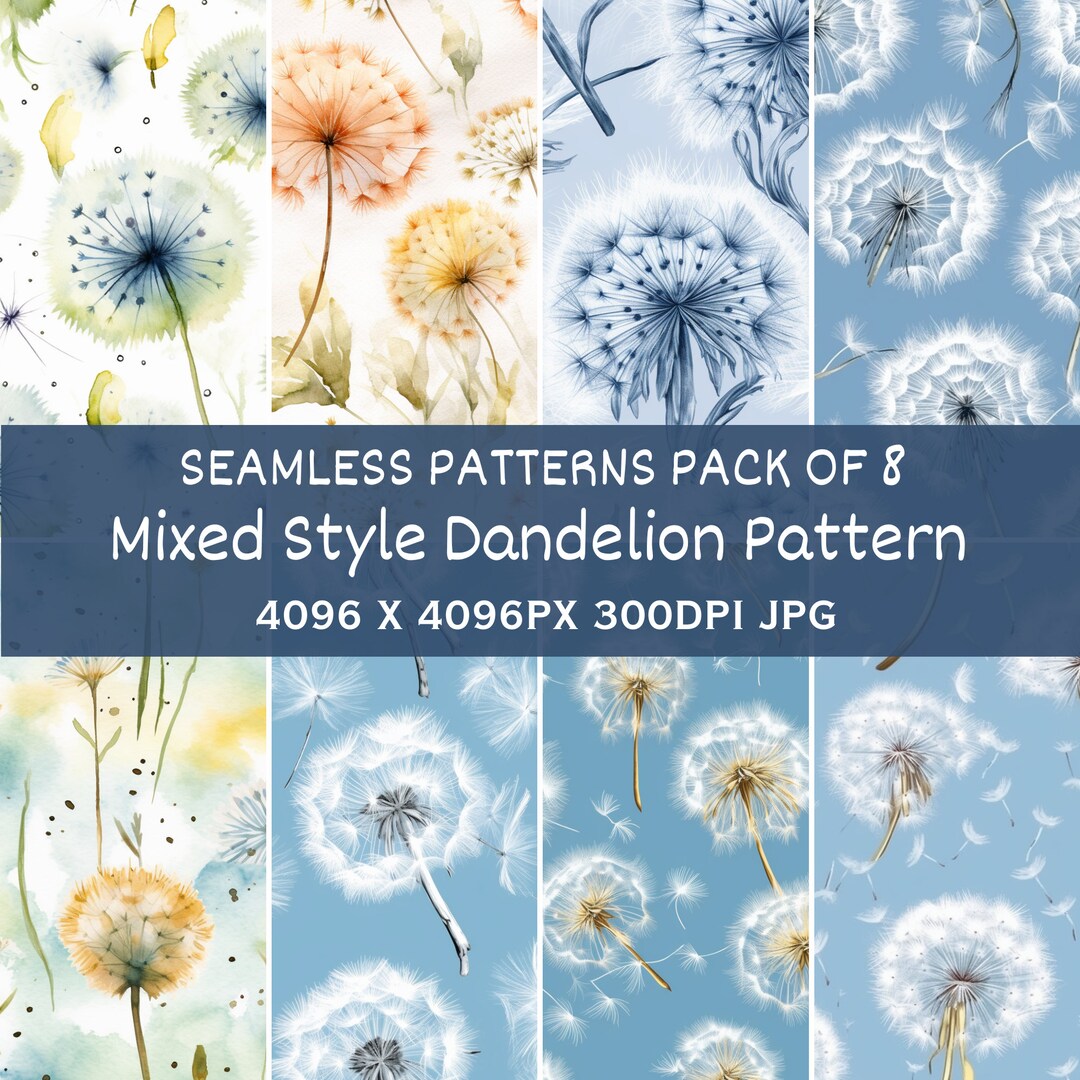 Printable Mixed Style Dandelion Digital Paper Pack Seamless Patterns ...