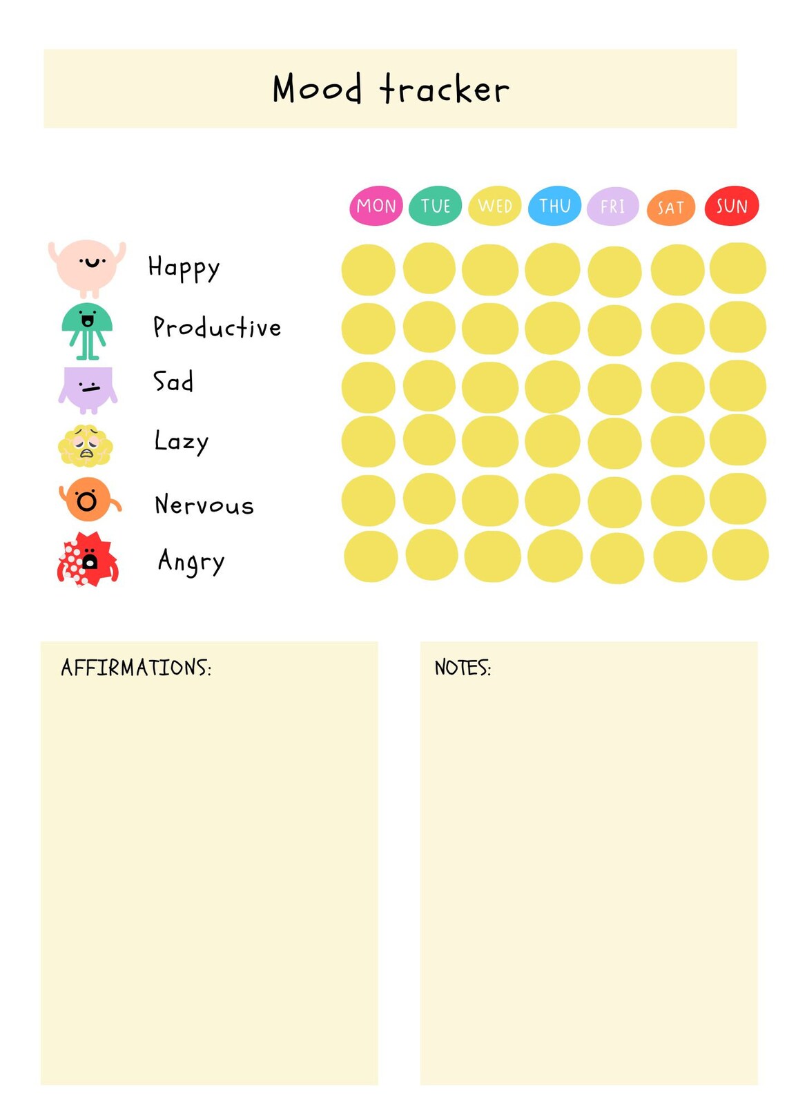 Abstract Yellow Black Printable Notebook, Weekly Mood Tracker ...