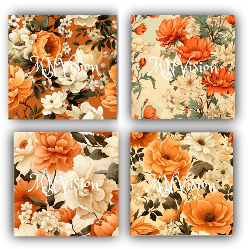 Printable Vintage Orange Floral Digital Paper, Shabby Chic, Seamless ...