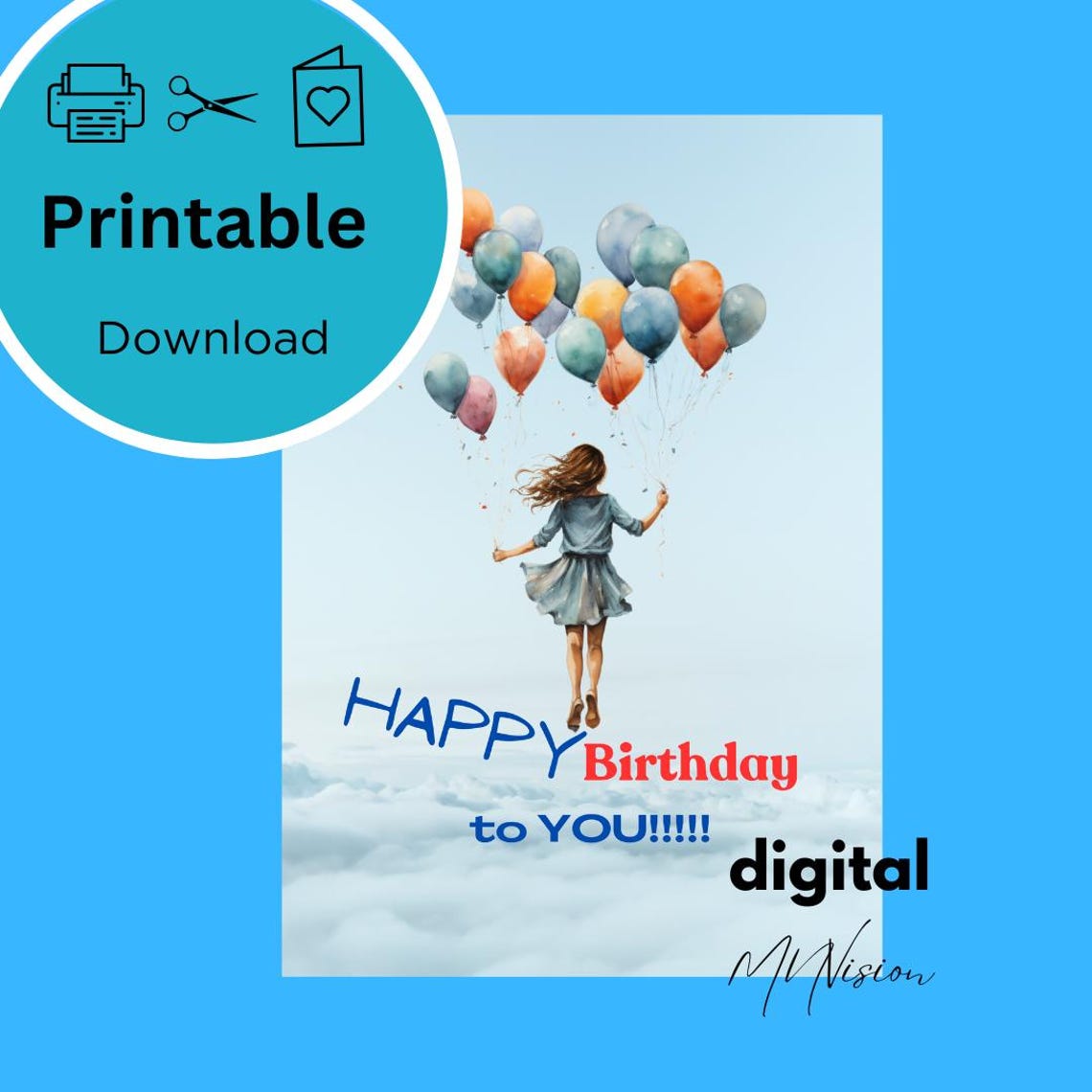 Printable Balloon Birthday Card, 5x7 Greeting Card (digital Download ...