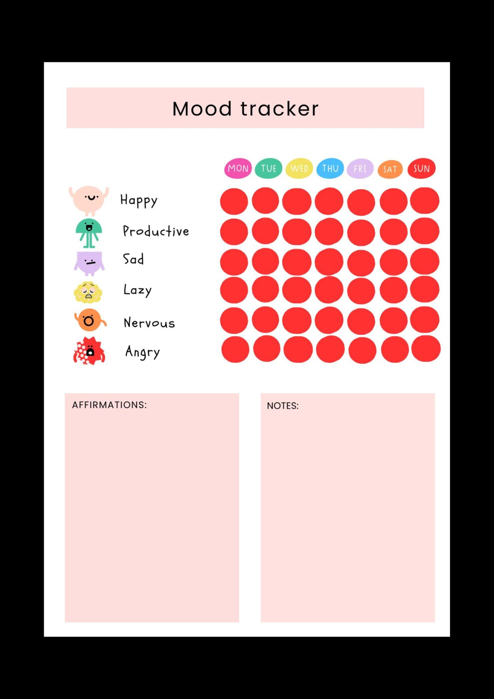 Abstract Red Black Printable Notebook, Weekly Mood Tracker, Printable ...