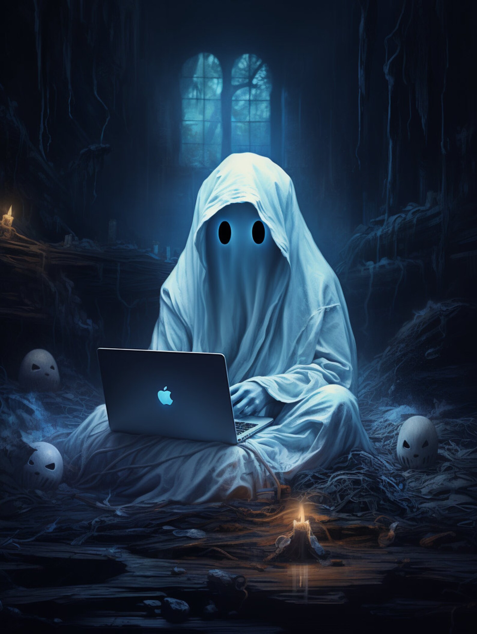 Ghost & Computer Poster, Sheeted Ghost Art Print, Little Ghostface ...