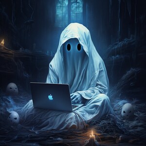 Ghost & Computer Poster, Sheeted Ghost Art Print, Little Ghostface ...