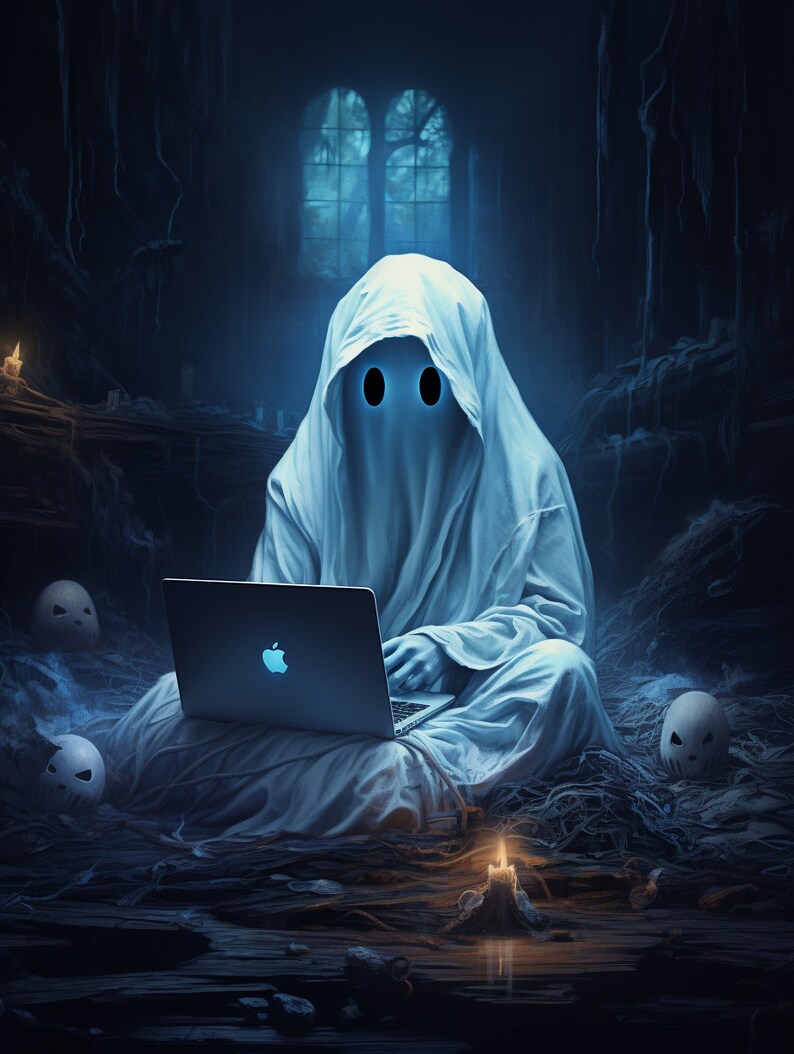 Ghost & Computer Poster, Sheeted Ghost Art Print, Little Ghostface ...