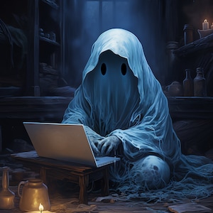 Ghost & Computer Poster, Sheeted Ghost Art Print, Little Ghostface ...