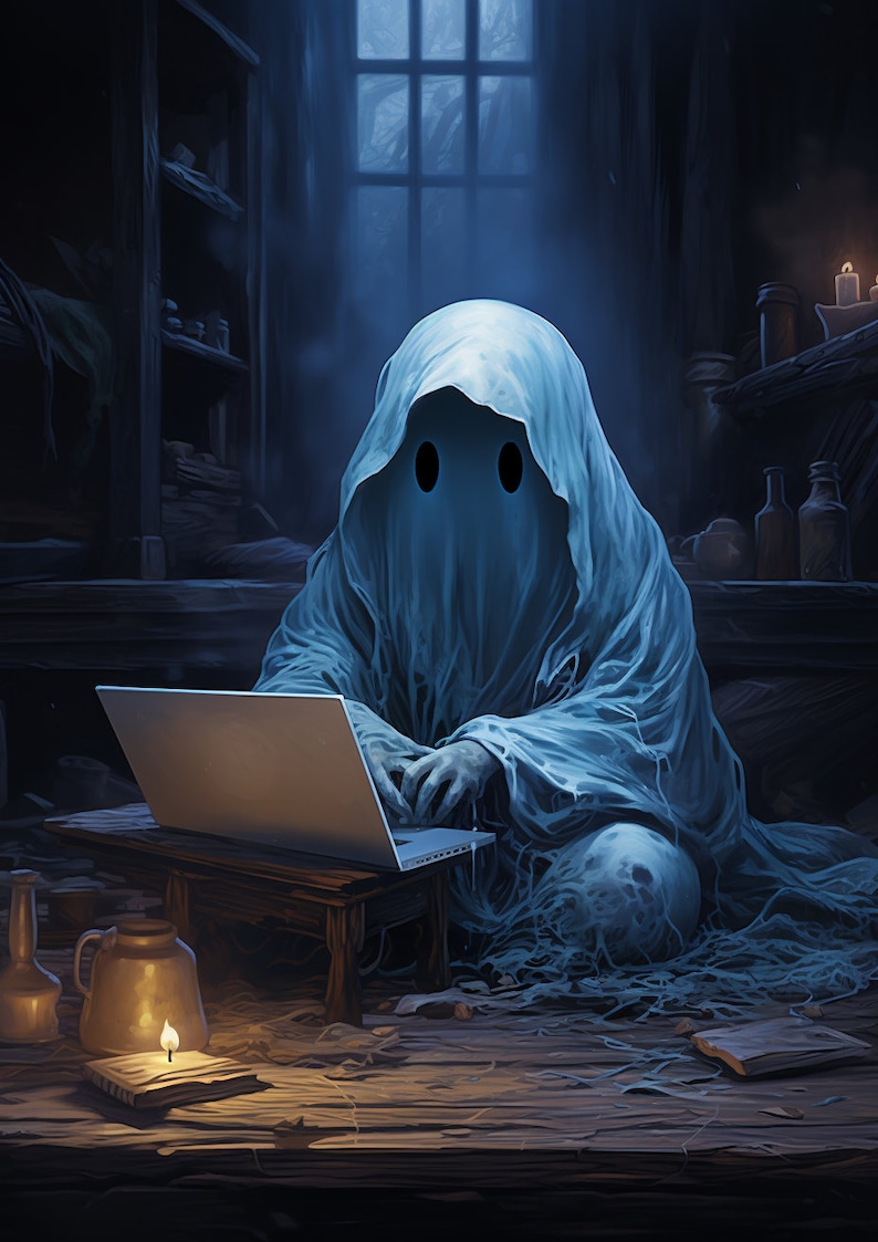 Ghost & Computer Poster, Sheeted Ghost Art Print, Little Ghostface ...